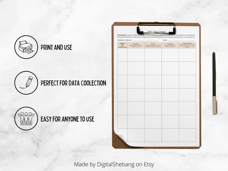 ABC Behavior Data Sheet, ABC Checklist, ABC Data Collection, Behavior ...