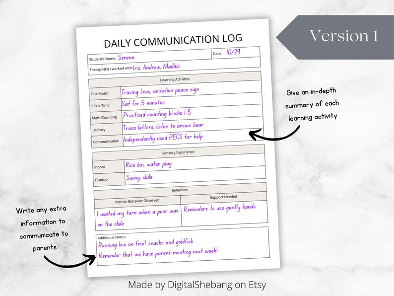 Daily Communication Log, Parent-teacher Report, ABA Therapy (digital ...