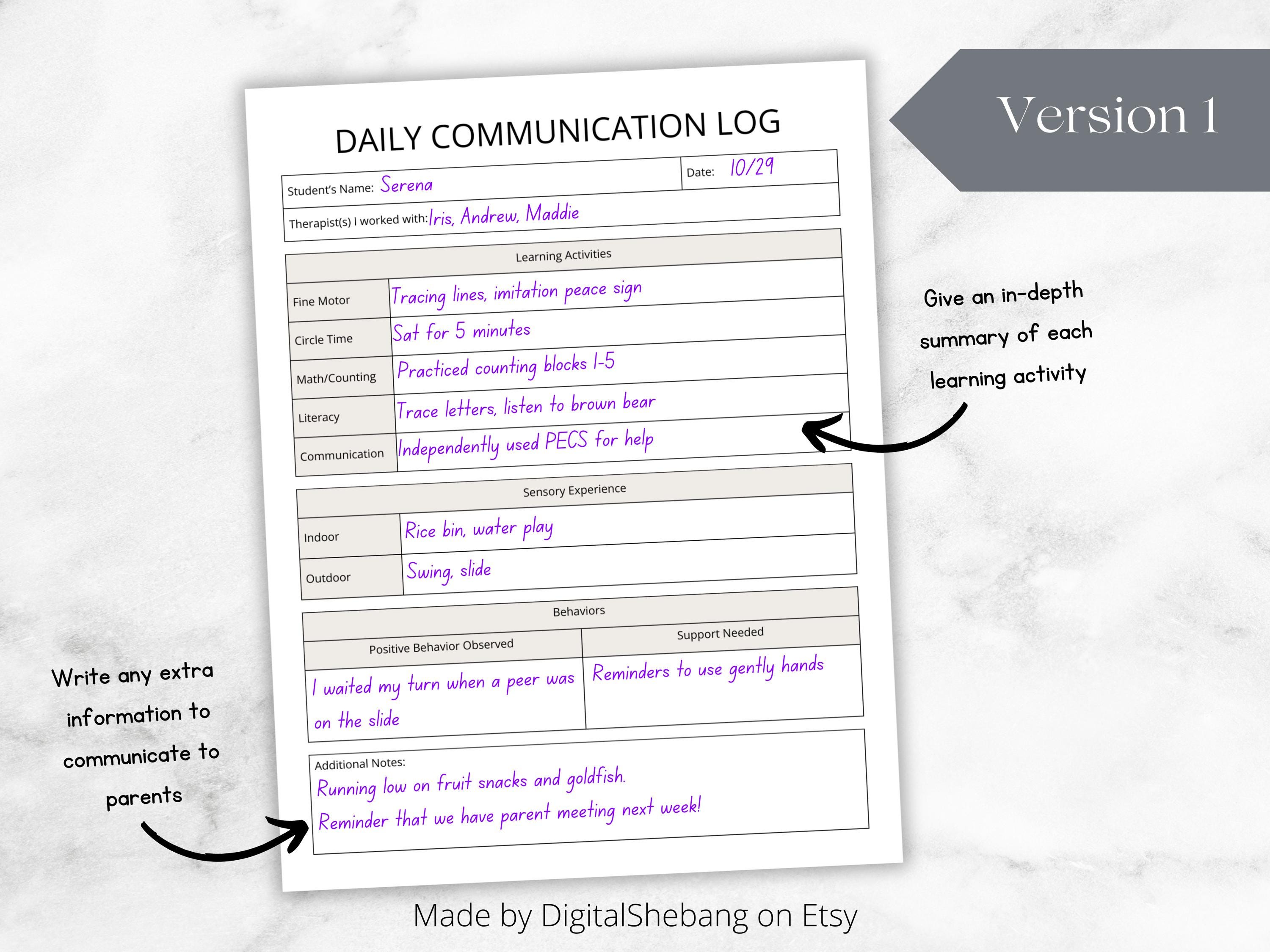 Daily Communication Log, IEP Daily Communication Log, IEP Parent ...