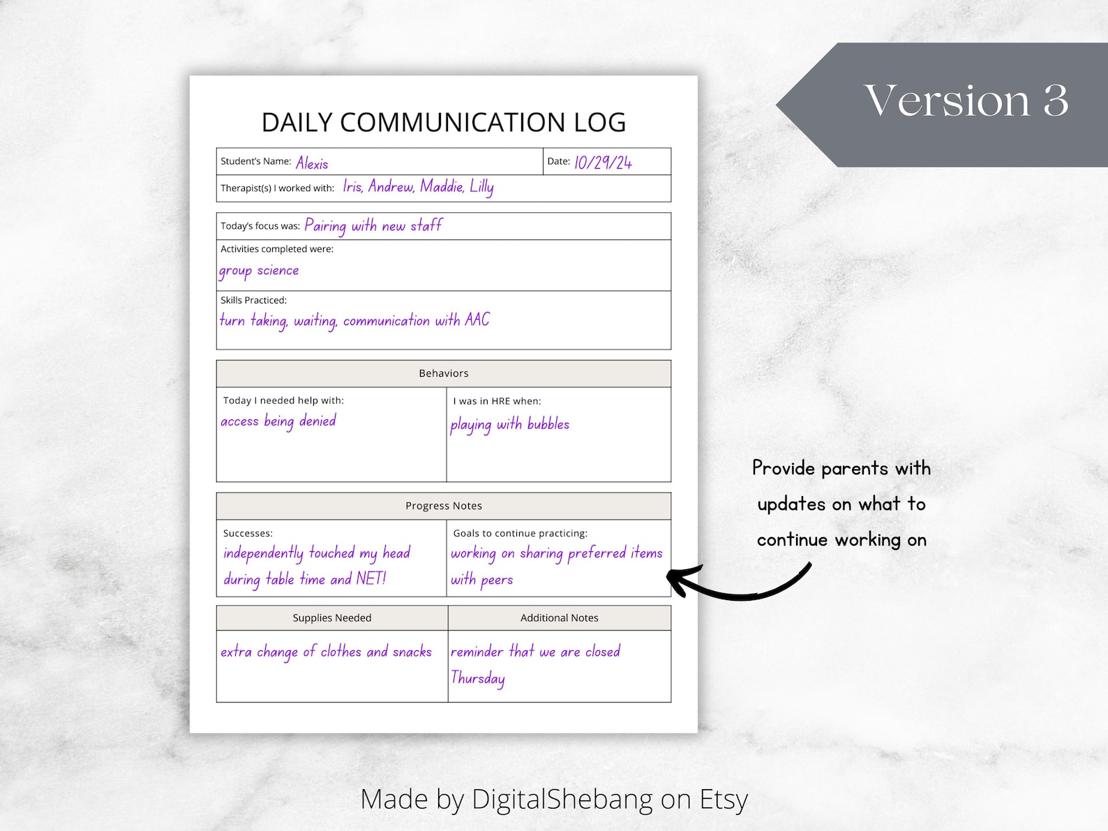 Daily Communication Log, Parent-teacher Report, ABA Therapy (digital ...