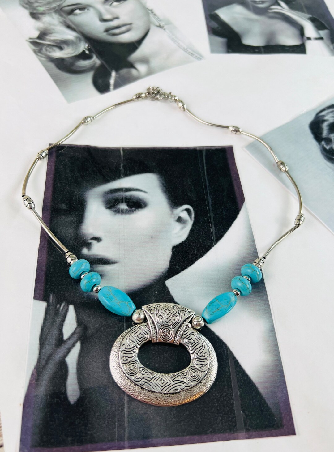 Retro Stainless Steel Pipe Chain Turquoise Beads Necklace Pendant/gift ...