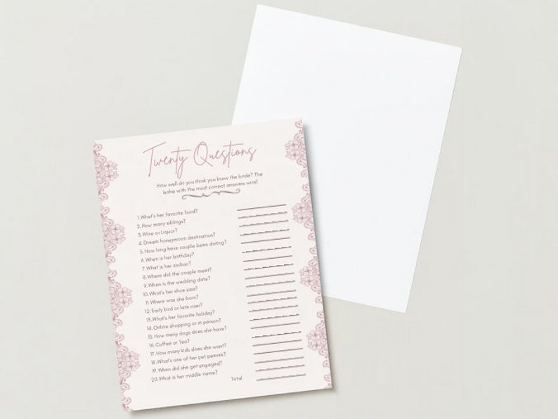 20 Questions Bridal Shower Game, Fun Wedding Game (PDF, PNG) - Etsy