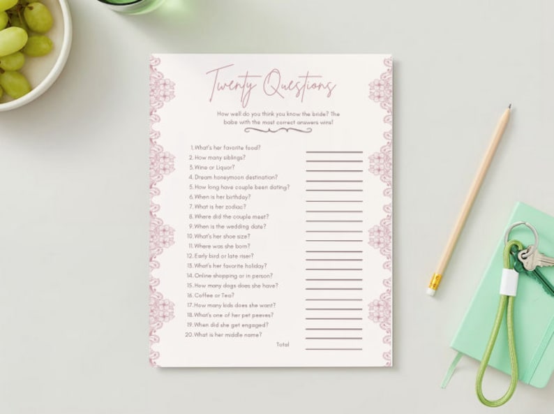 20 Questions Bridal Shower Game, Fun Wedding Game (PDF, PNG) - Etsy