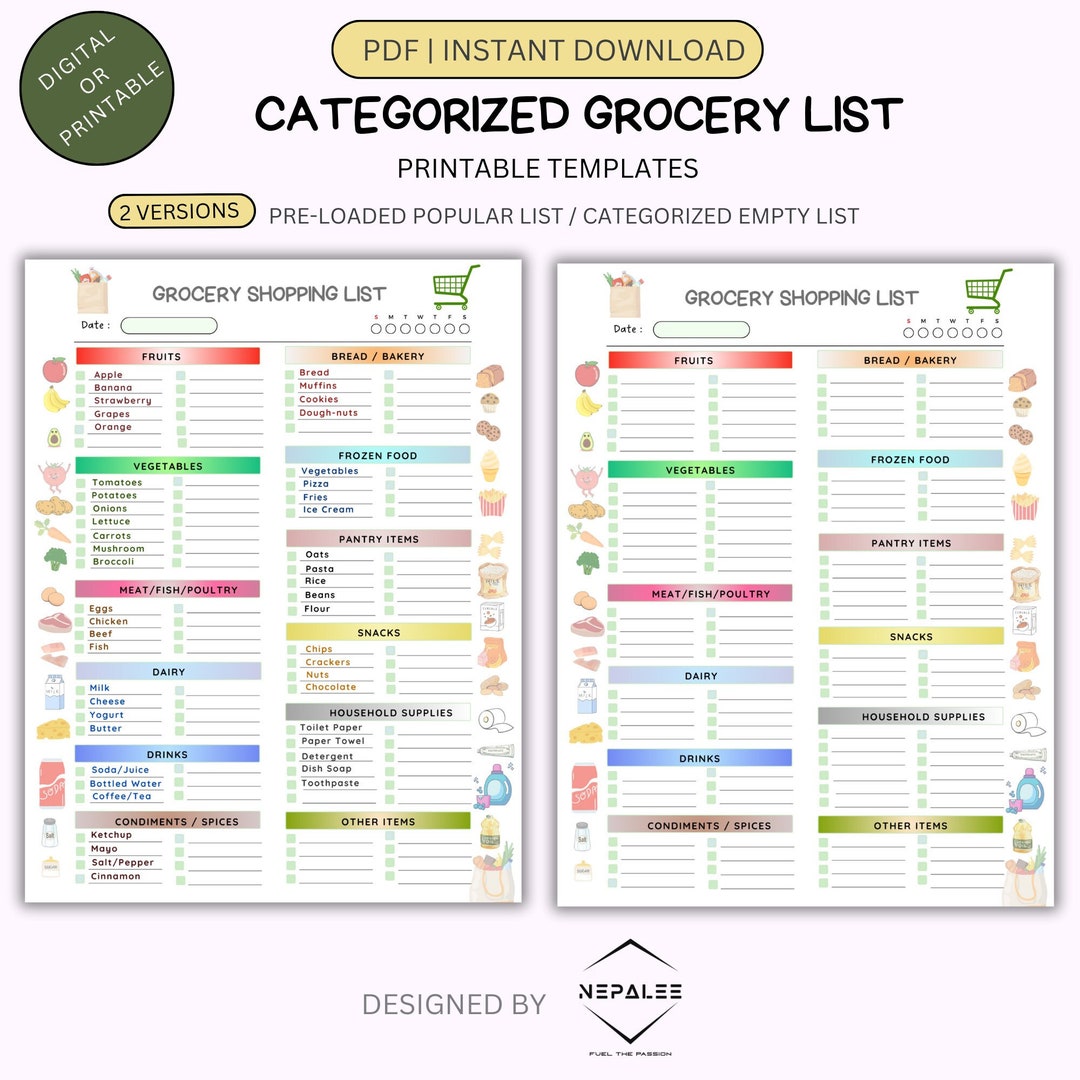 Categorized Grocery List | Printable Template | Shopping List | Grocery ...