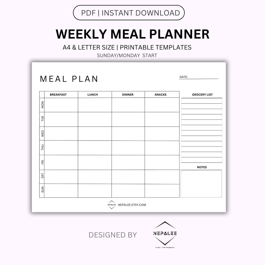 Printable Weekly Meal Planner Landscape, Minimalist Weekly Meal Planner ...