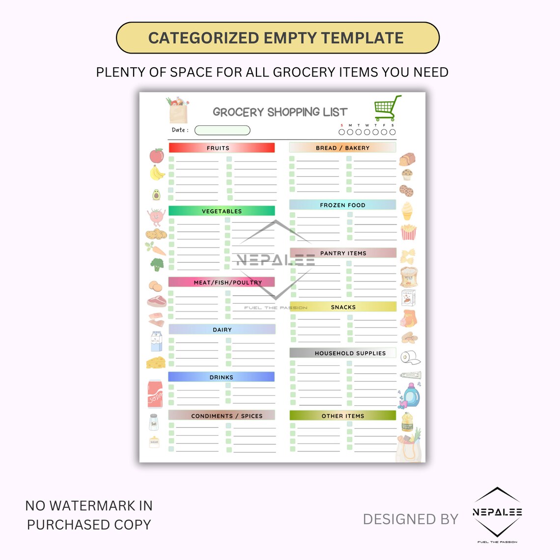 Categorized Grocery List | Printable Template | Shopping List | Grocery ...