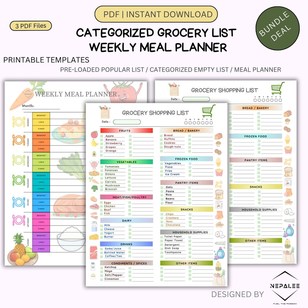 Grocery List Template & Weekly Meal Planner Bundle, Categorized Grocery ...