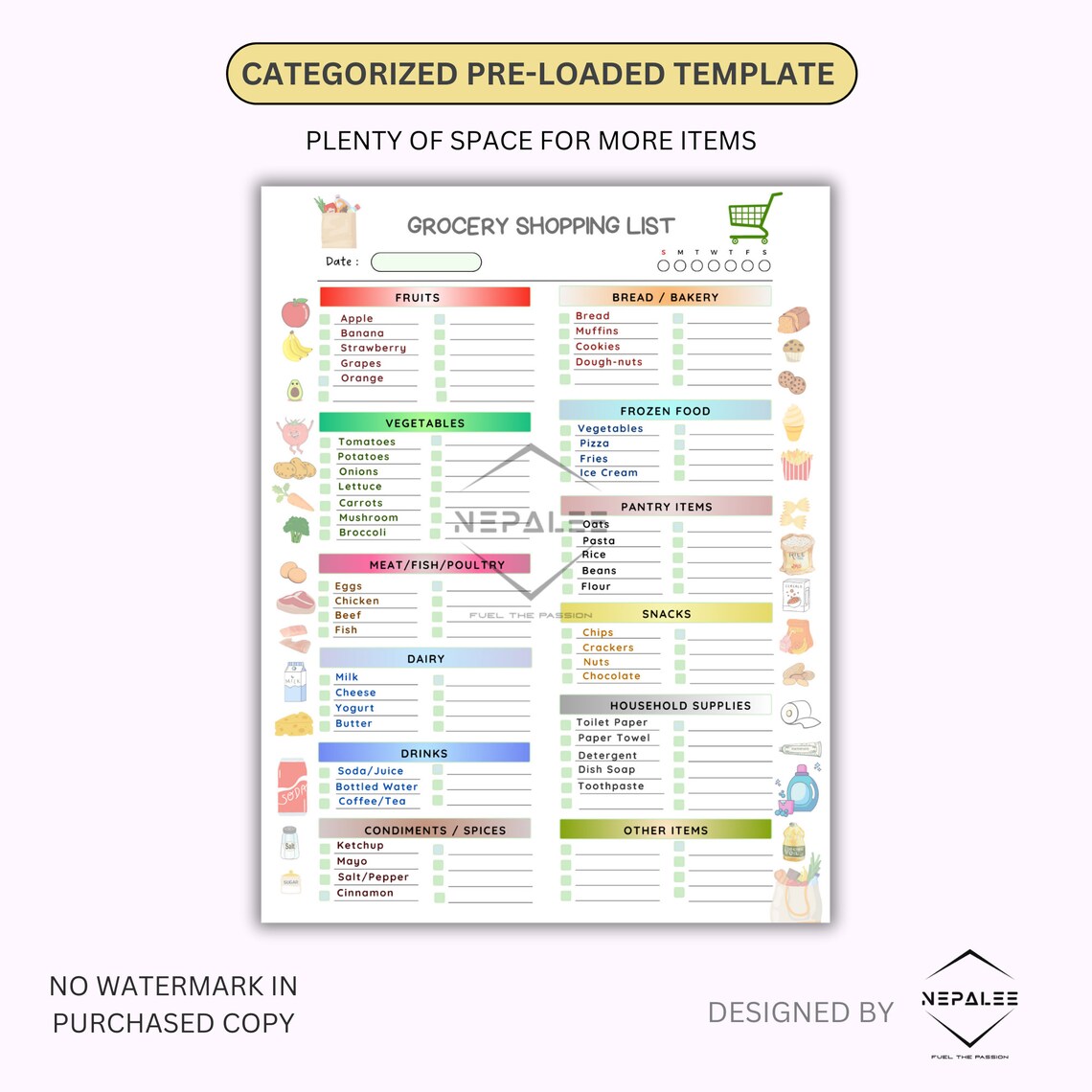 Categorized Grocery List | Printable Template | Shopping List | Grocery ...