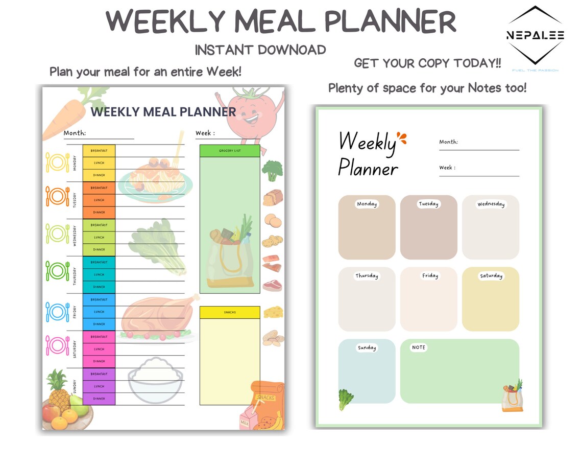 Weekly Meal Planner, Grocery List, DIY Recipe, Meal Tracker | Instant ...