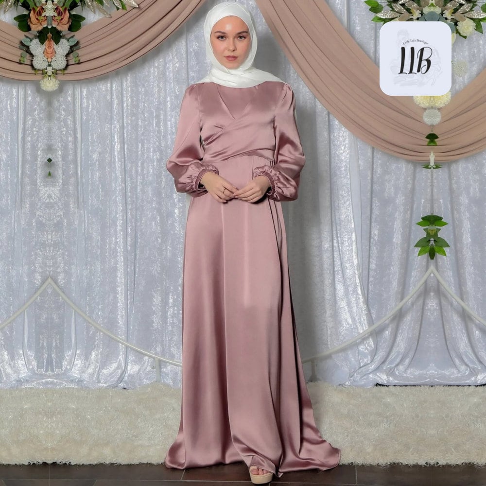 Purple Modest Silk Wrap Dress Long Sleeve Elegant Silk Dress, Puff ...