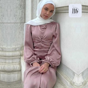 Purple Modest Silk Wrap Dress Long Sleeve Elegant Silk Dress, Puff ...