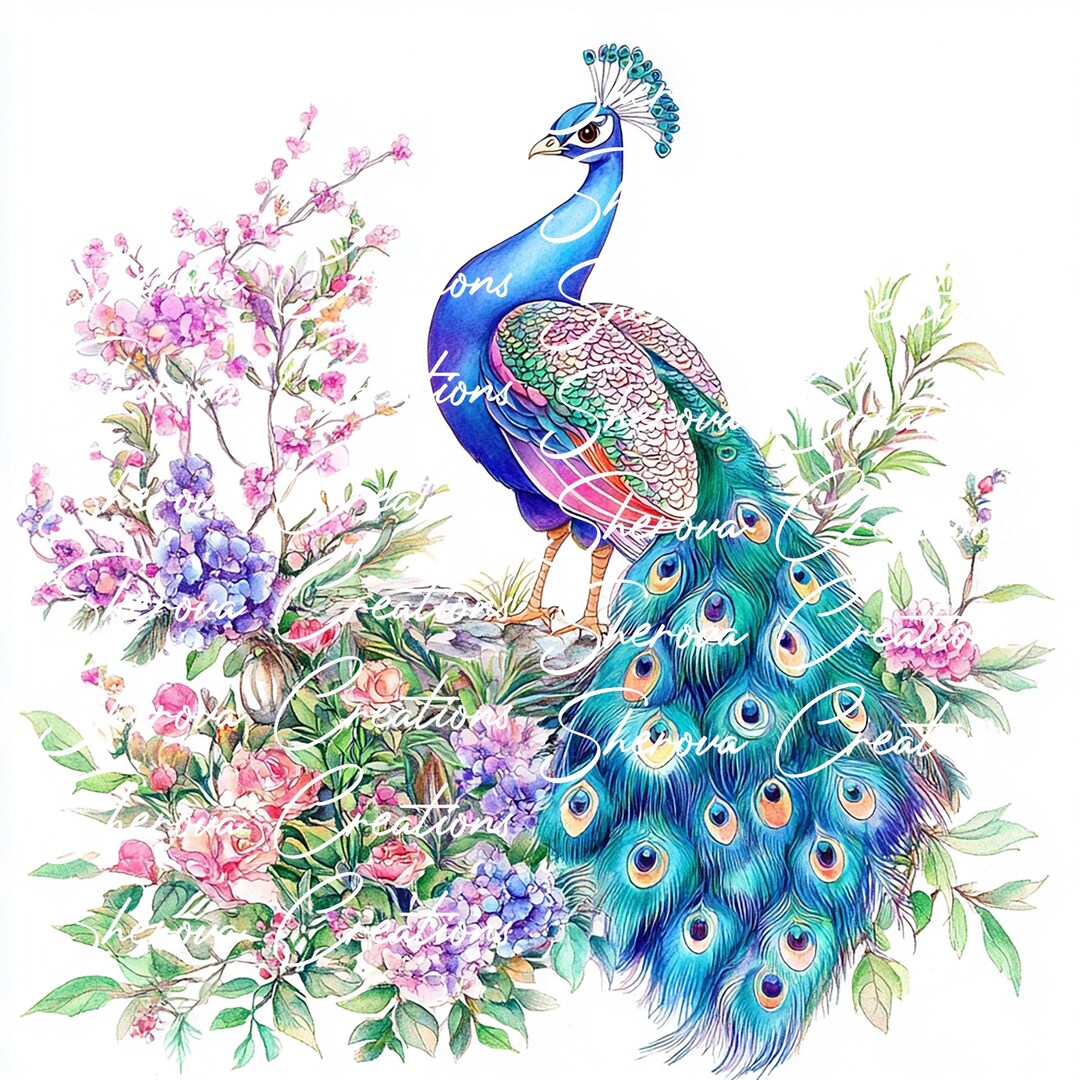 Watercolor Bird Clipart Bundle: Peacock & Floral Designs (JPG) - Etsy