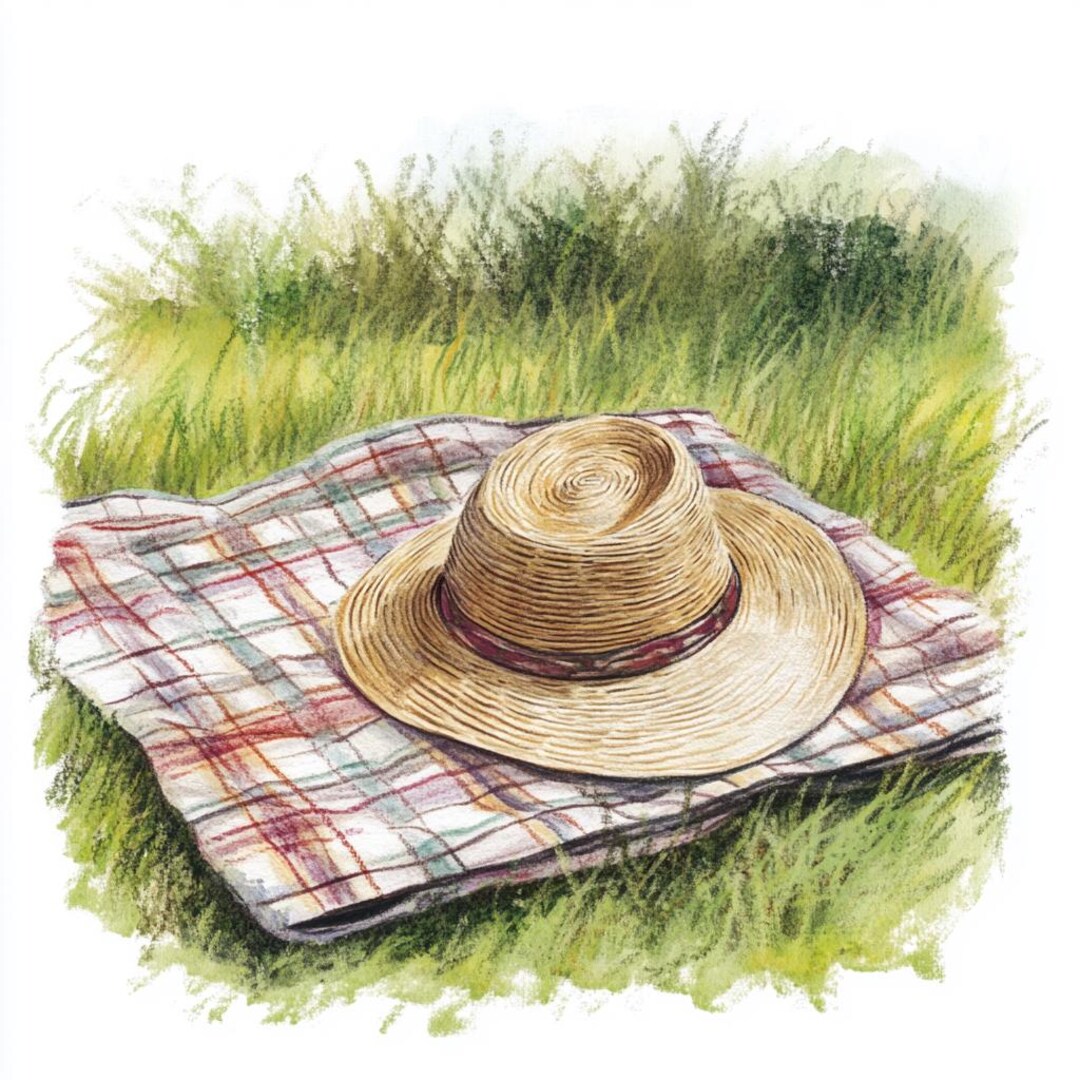 Watercolor Cottagecore Sun Hat Clipart Bundle: Picnic Blanket Graphics ...