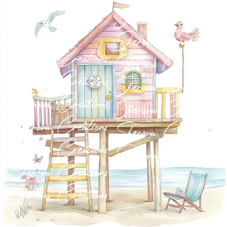 Beach House Clipart Bundle: Watercolor Coastal Cottage (JPG) - Etsy