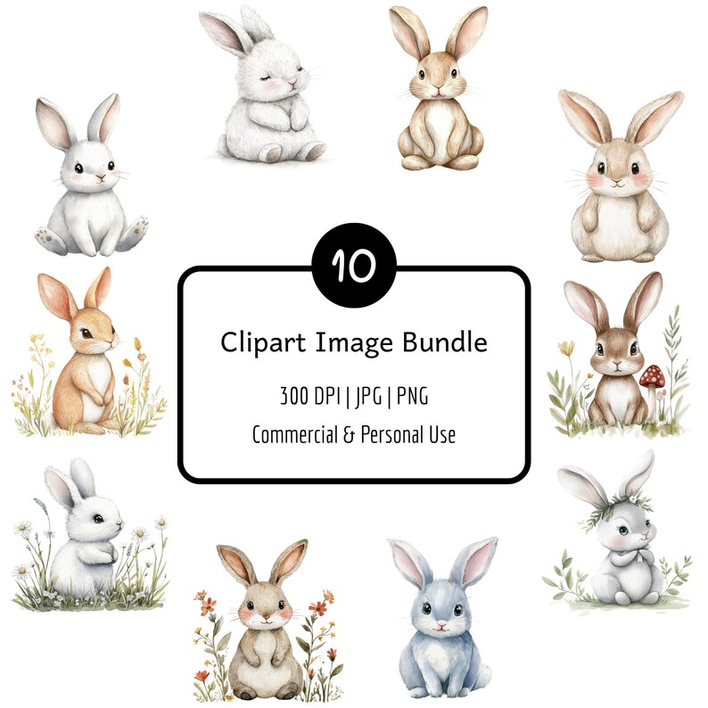 10 Watercolor Bunny Clipart Bundle, PNG & JPG, 300 DPI, Digital ...