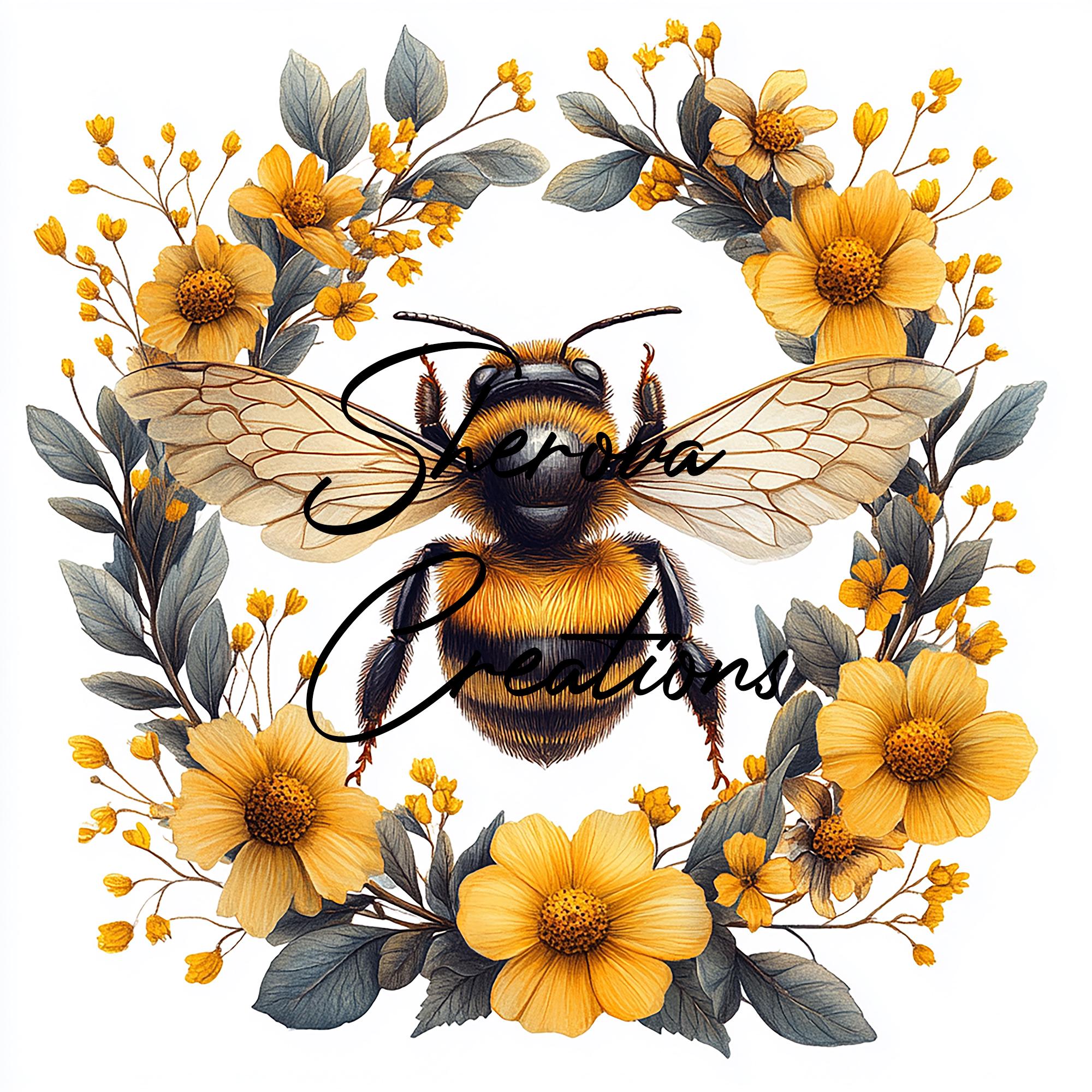 Floral Bumblebee Clipart Bundle: Watercolor JPG Images (digital ...