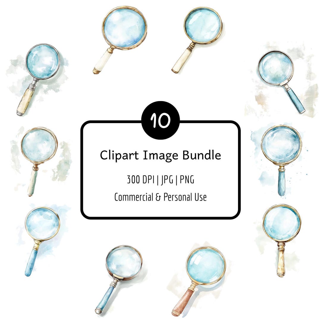 10 Magnifying Glass Clipart Bundle, Watercolor, Detective, Digital ...