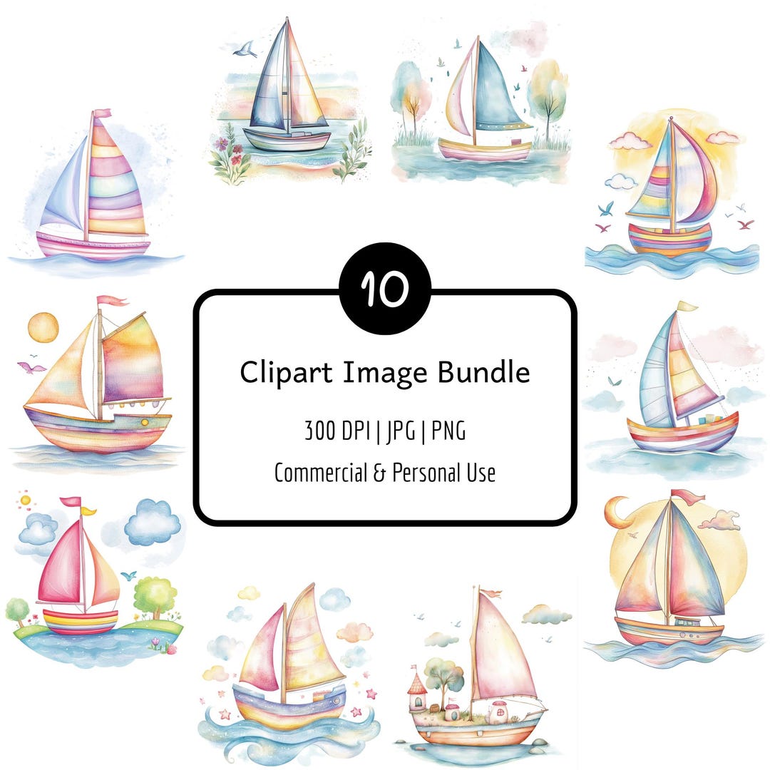 10 Watercolour Sailboat Clipart Bundle, PNG & JPG, 300 DPI, Digital ...
