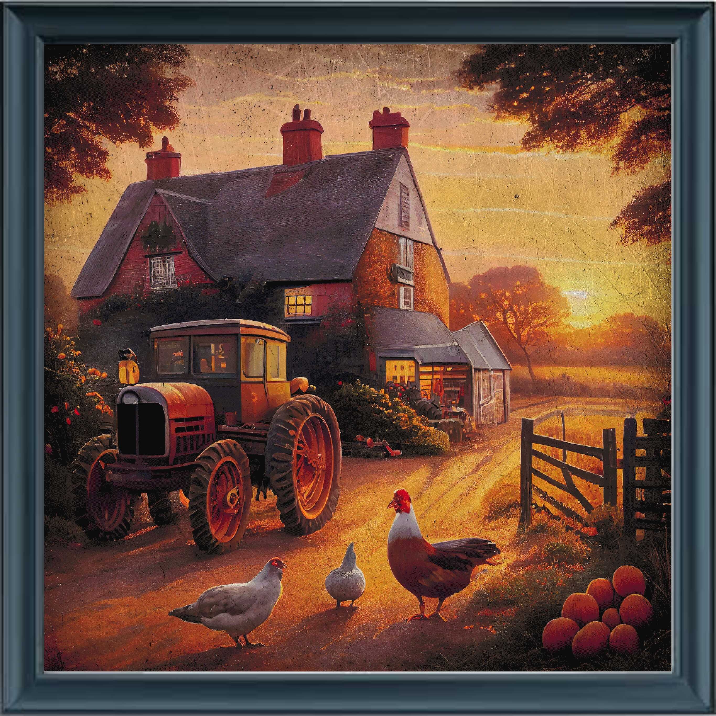 Vintage Farm Life Cross Stitch Pattern: Tractor & Chickens (digital ...