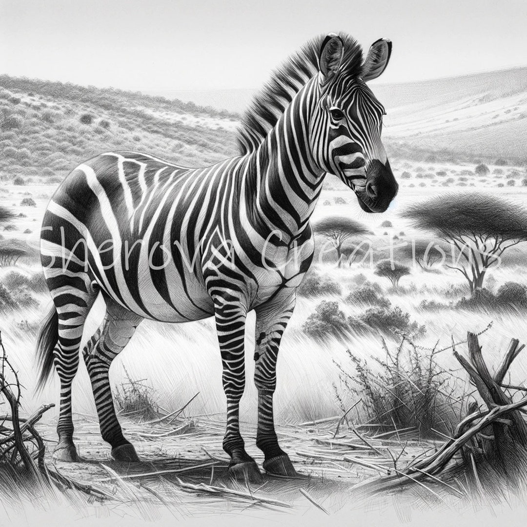 Zebra Art Black and White Digital Drawing of Zebra in Natural Habitat ...
