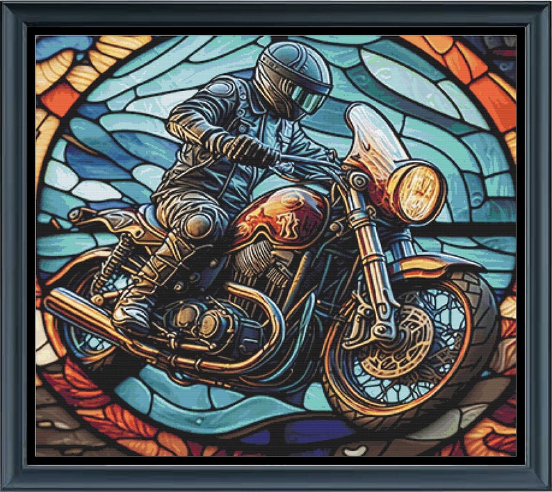 Stained Glass Motorcycle Cross Stitch Pattern 3 Sizes Full - Etsy