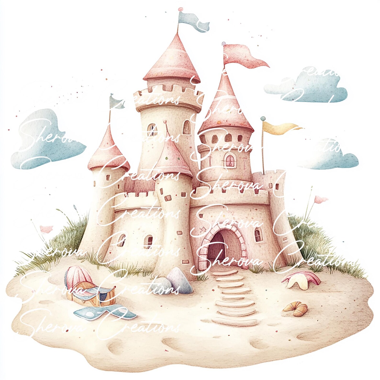 Sandcastle Clipart Bundle: Watercolor Beach Castle Art (JPG) - Etsy