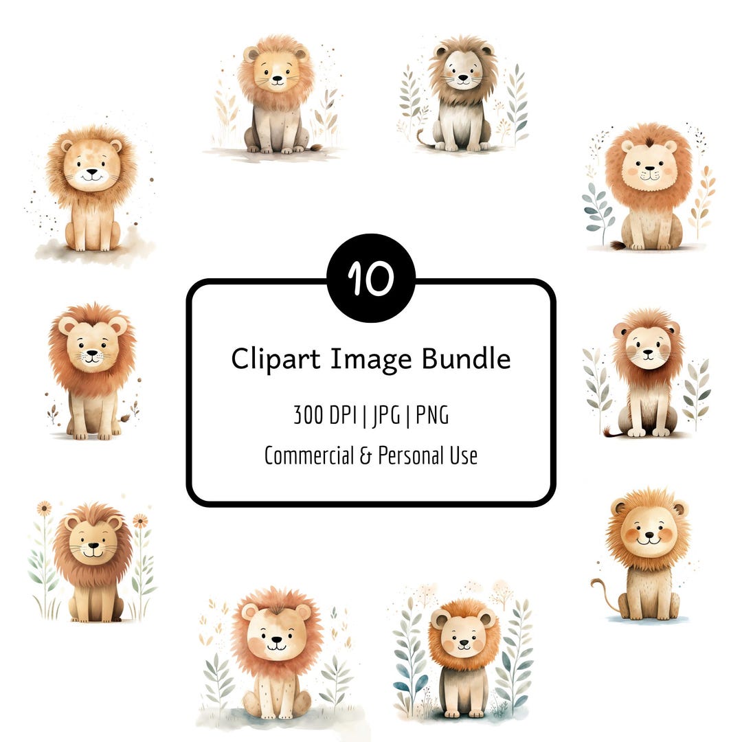 10 Watercolour Lion Clipart Bundle, PNG & JPG, 300 DPI, Digital ...