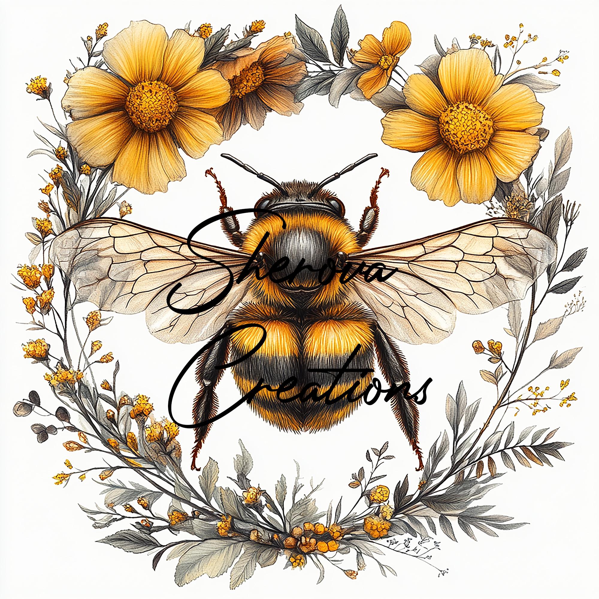 Floral Bumblebee Clipart Bundle: Watercolor JPG Images (digital ...