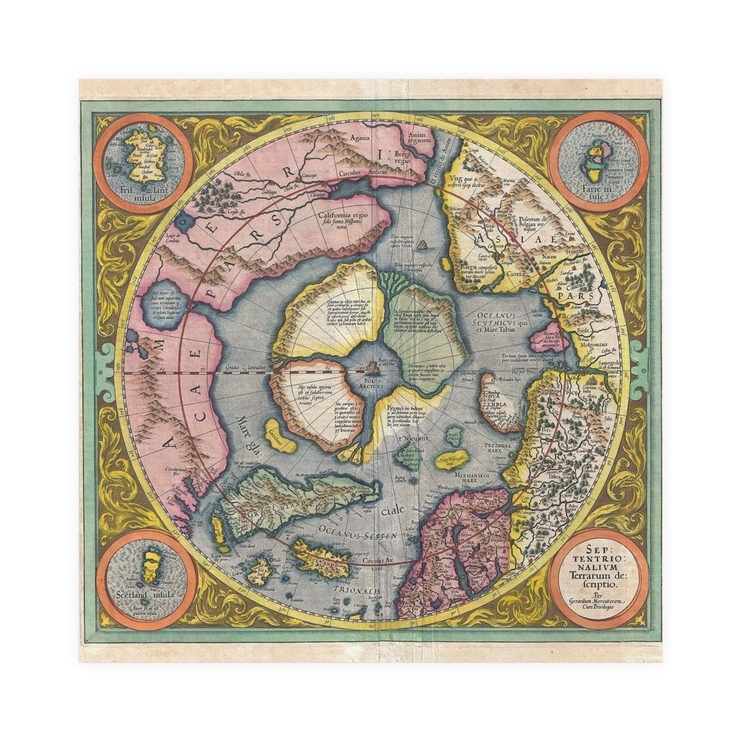 Poster 1606 Mercator Hondius Map of the Arctic Vintage Old World Map ...