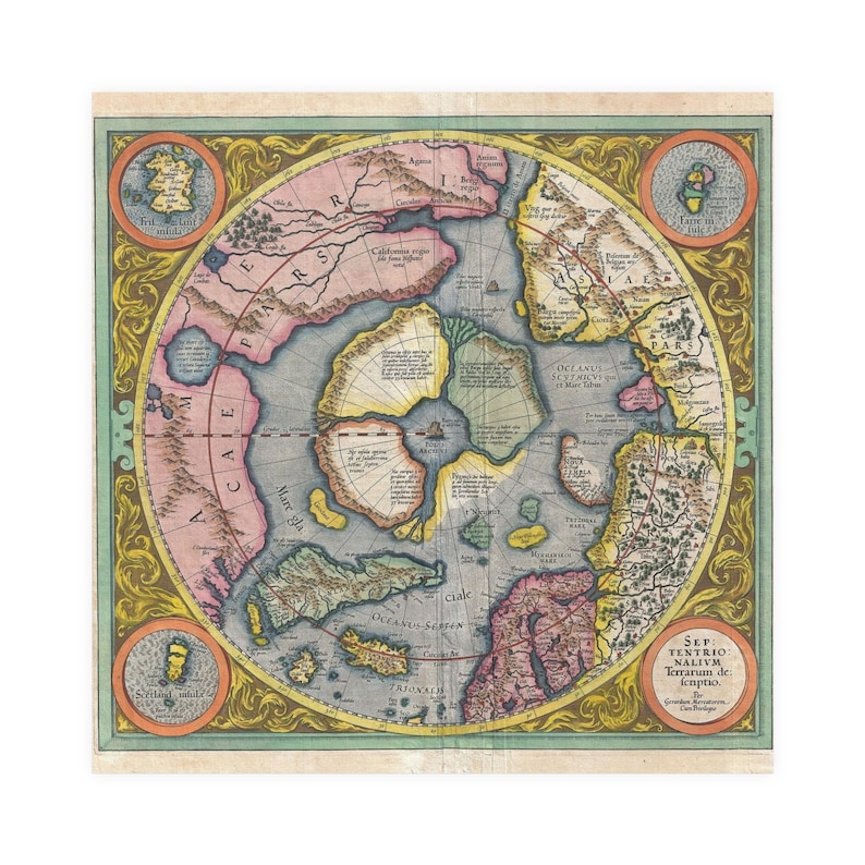 Poster 1606 Mercator Hondius Map of the Arctic Vintage Old World Map ...