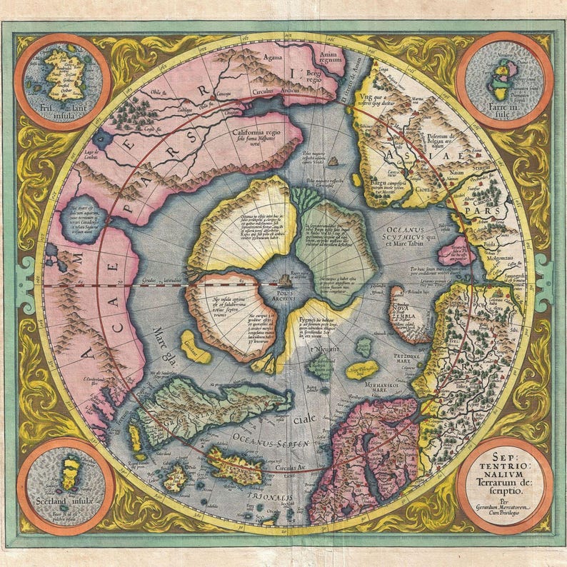 Digital Mercator Hondius Map of the Arctic 1606 Vintage Old World Map ...