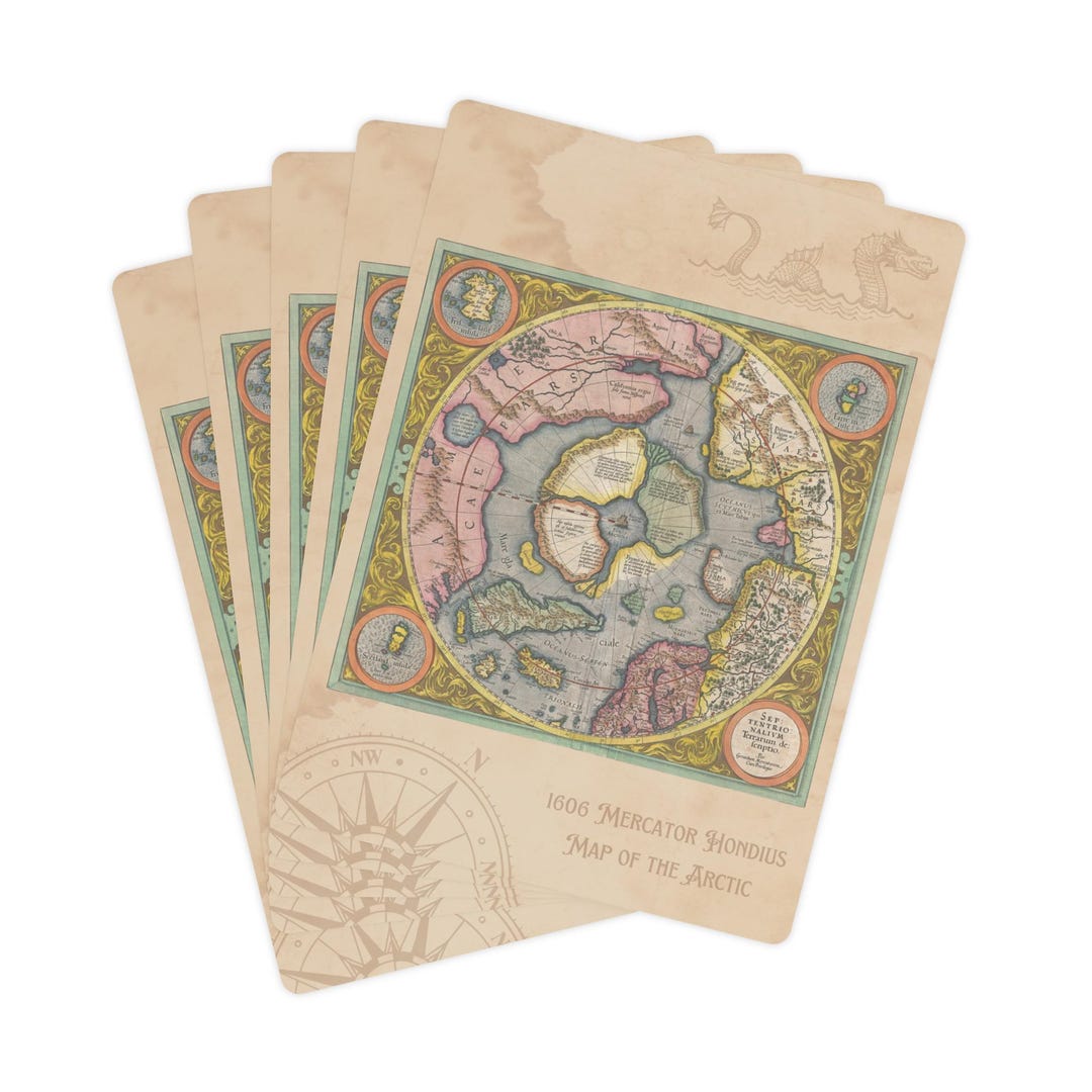 Playing Cards | Mercator Hondius Arctic Vintage Map (1606) | North Pole ...