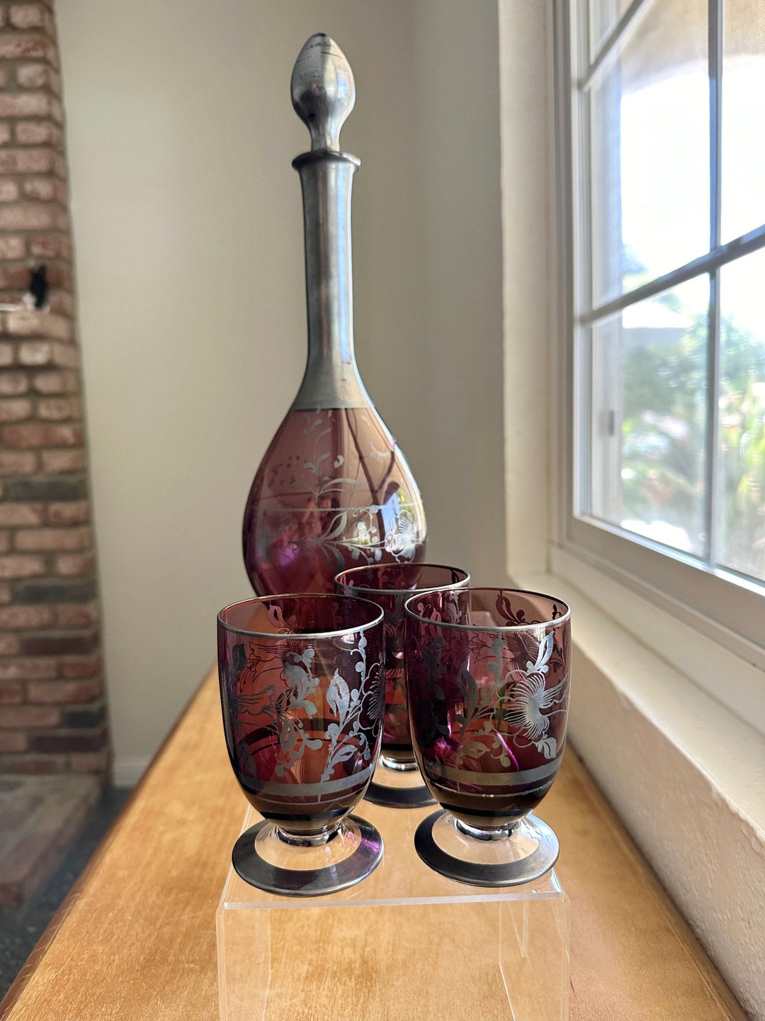 Antique Handblown Victorian Amethyst Purple Decanter Set With Silver ...