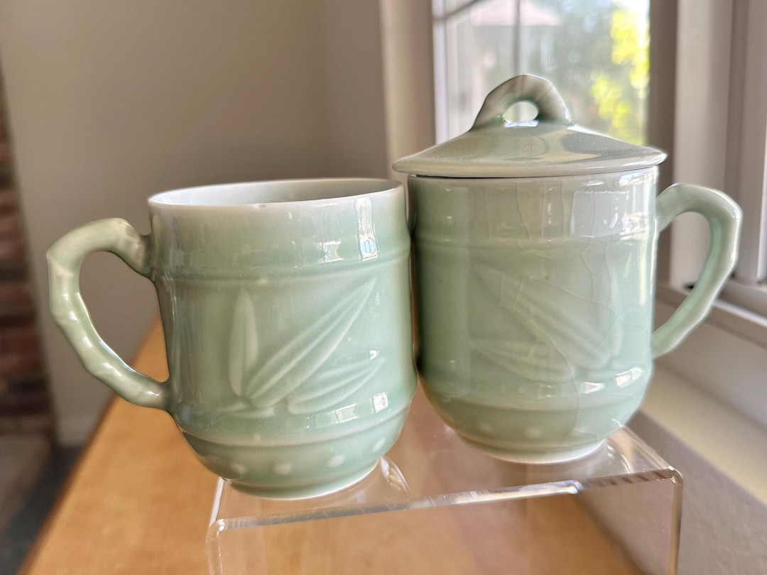 Pair of Ceramic Celadon Light Green Glazed Mugs Bamboo Leaf Design One ...