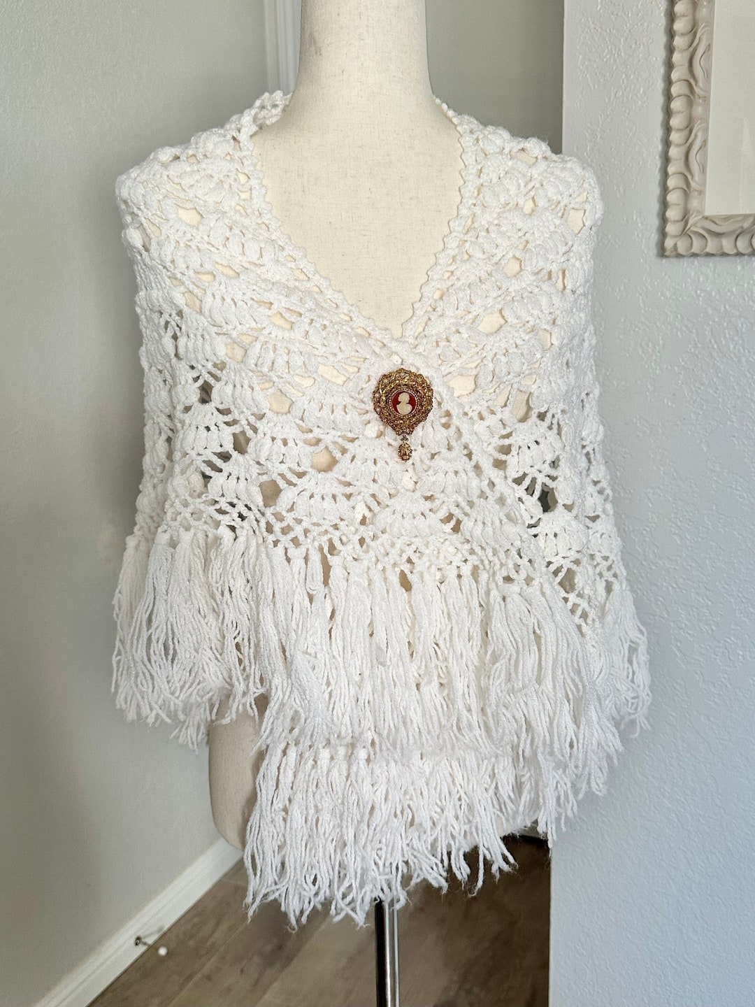 Handmade Crocheted White Shawl Wrap Open Lace Pattern With Thin Silver ...