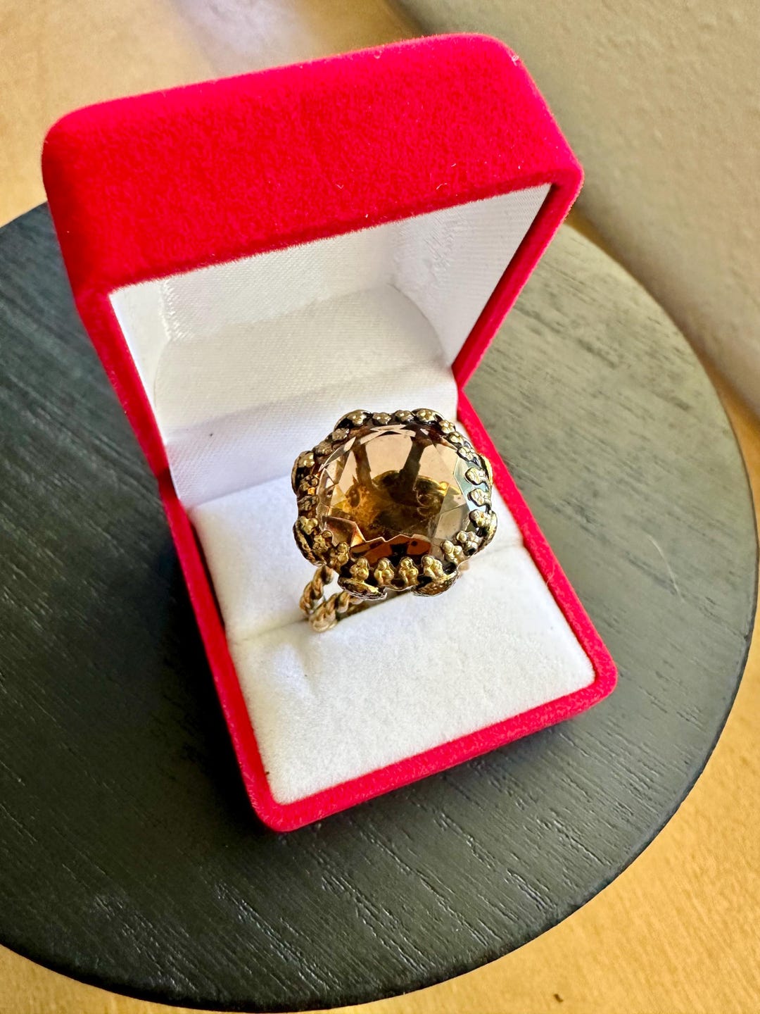 Vintage Brutalist Glass Stone Ring, Twisted Gold Tone Band, West ...