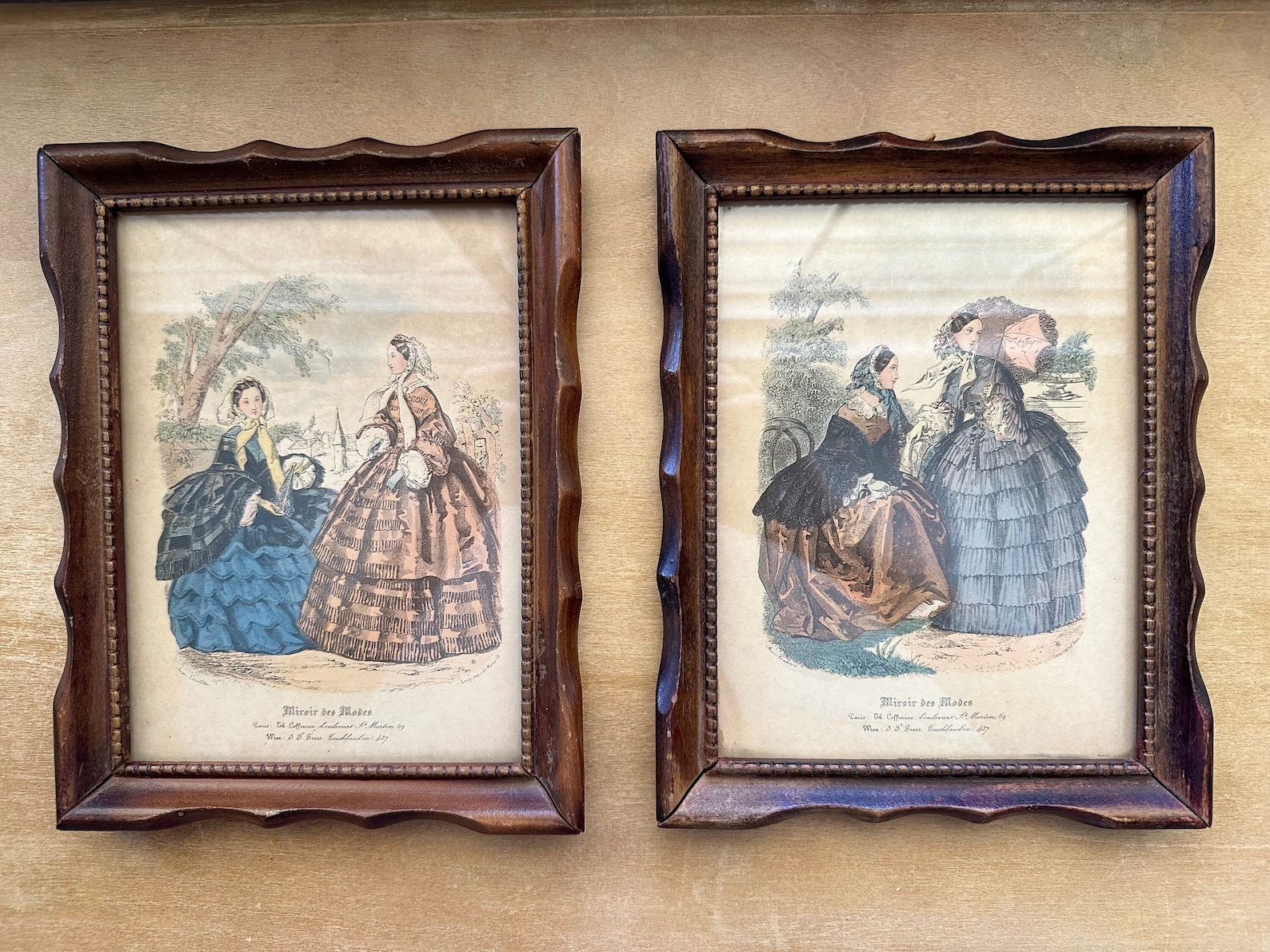 Miroir Des Modes French Wood Framed Pair of 1800s Women Fashion Prints ...