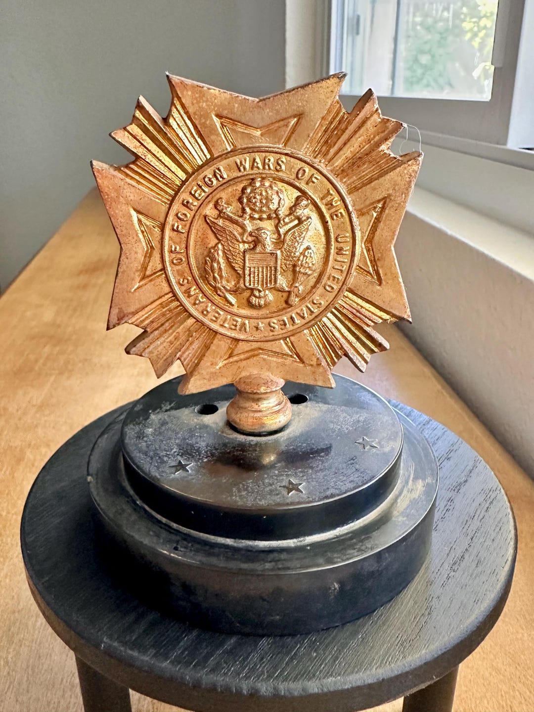 Vintage VFW Brass Starburst Medallion Flag Holder: Art Deco Style ...