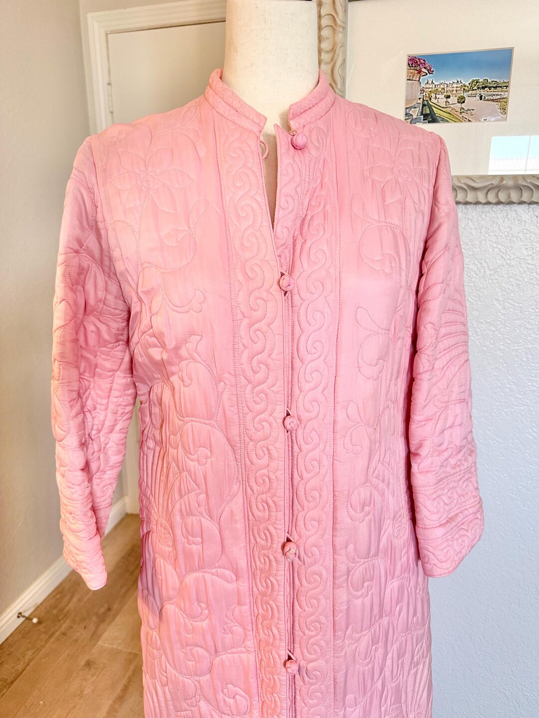 Quilted Long Pink House Coat Robe by Charles and Co, Flower Floral ...