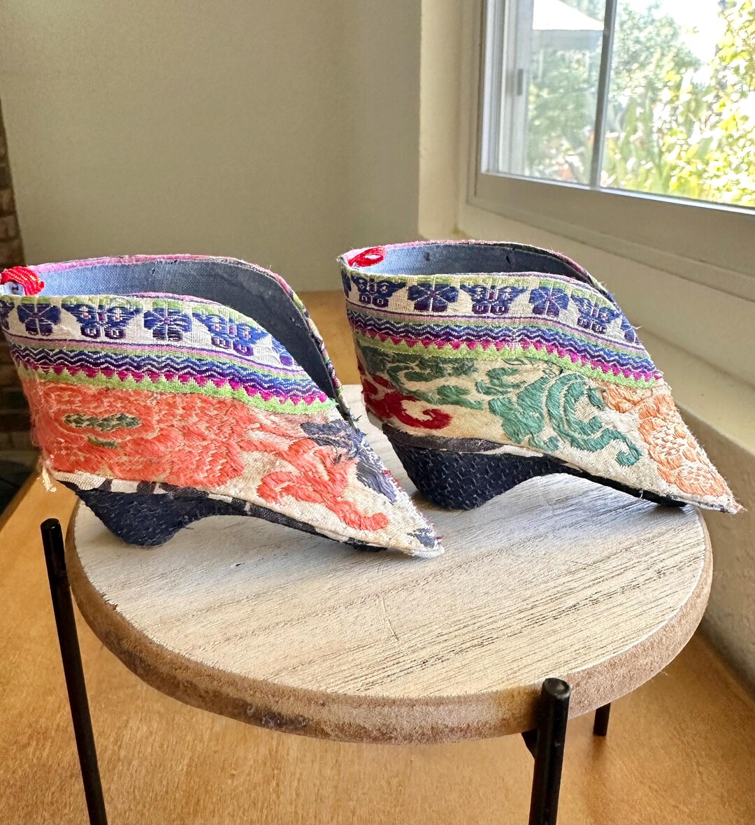 Vintage Chinese Silk Embroidered Lotus Shoes Multi Colored Print Blue ...