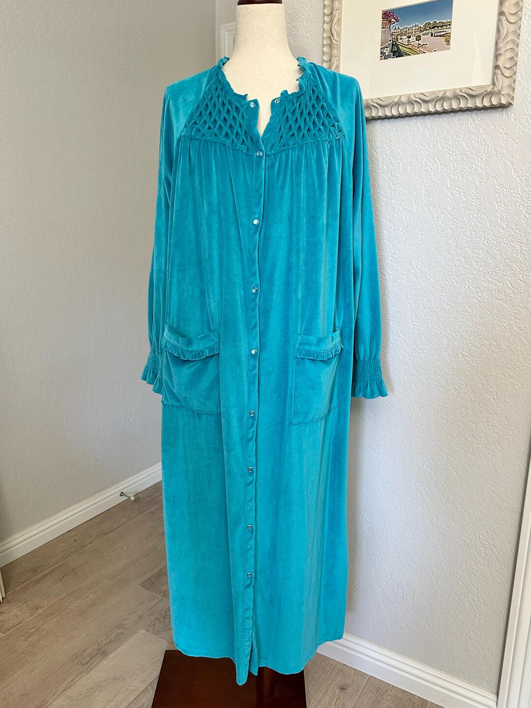 Vintage Aqua Velour Robe: 1990s Plush Nightgown, Lattice Detail - Size ...