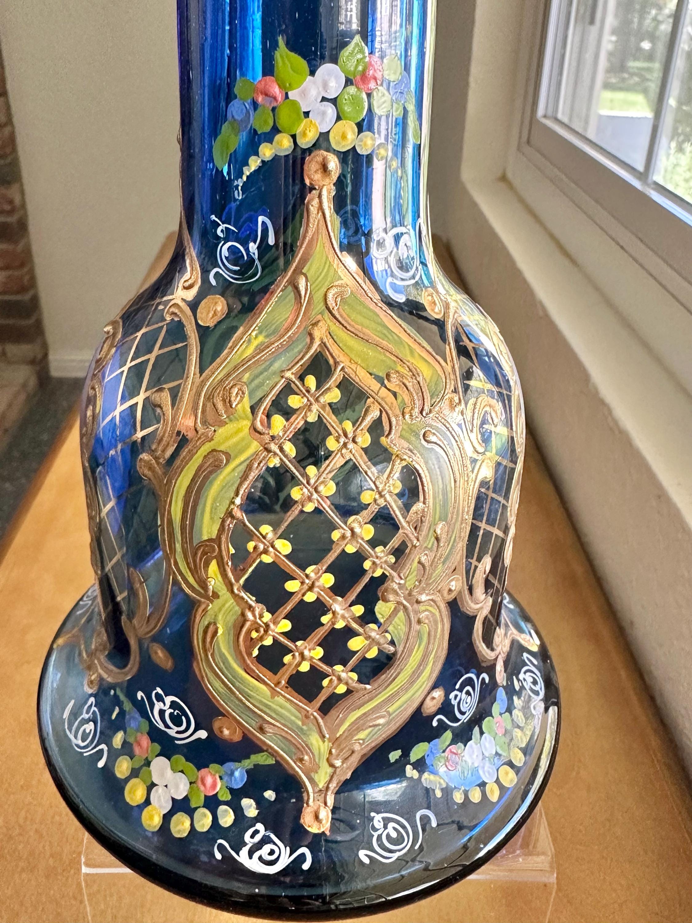 Cobalt Blue Persian Theme 11” Hooka Shaped Vase 22k Gold Hand Painted ...