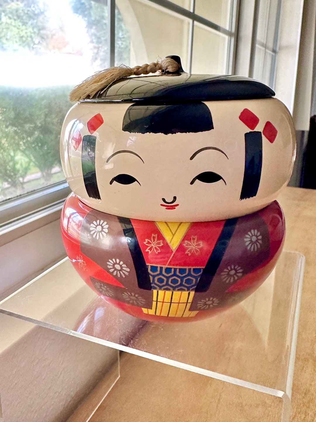 Japanese Lacquer Stacking Jubako Box Children’s Bowls With Kokeshi Doll, Little Girl in Kimono ...