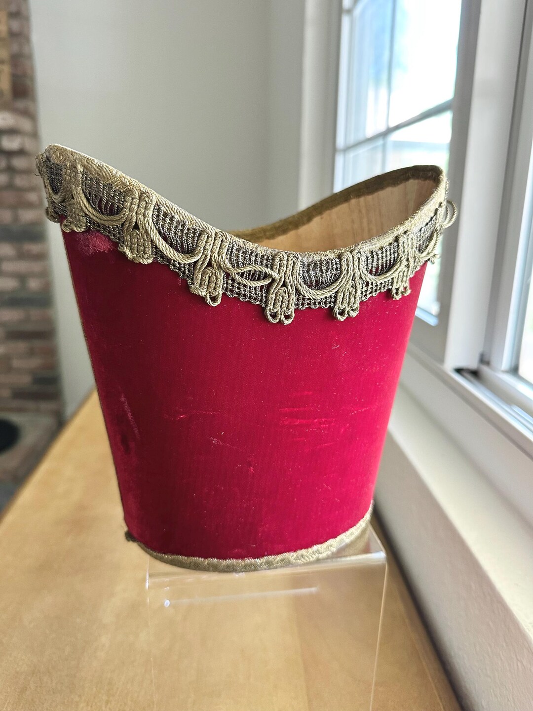 Deep Burgundy Red Velvet and Wood Small 7.75 Waste Paper Bin Trash Can Gold Swag Ornate Fabric ...