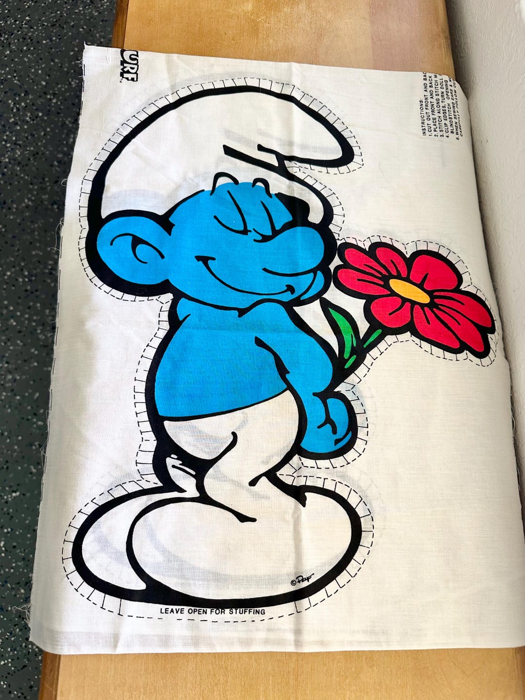 Original 1982 Enamored Smurf Pillow Fabric With Bright Red Flower, Cut ...