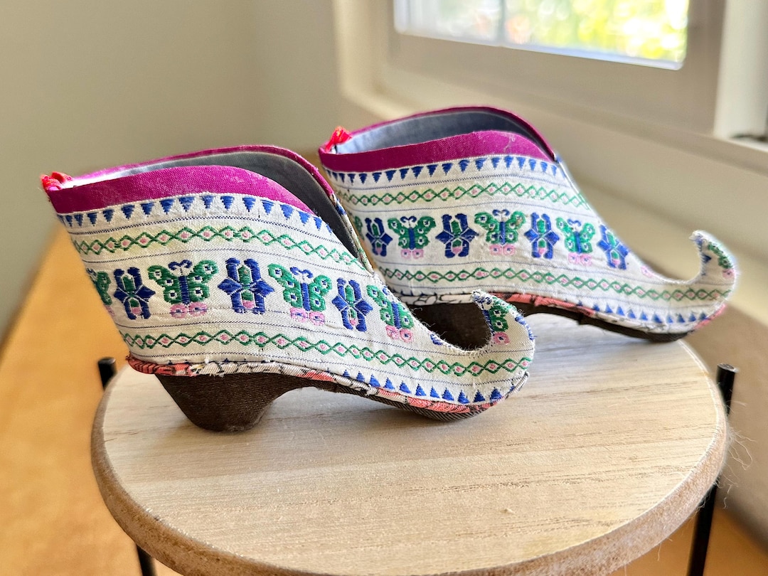 Vintage Chinese Silk Lotus Shoes: Butterfly Geometric Foot Binding ...