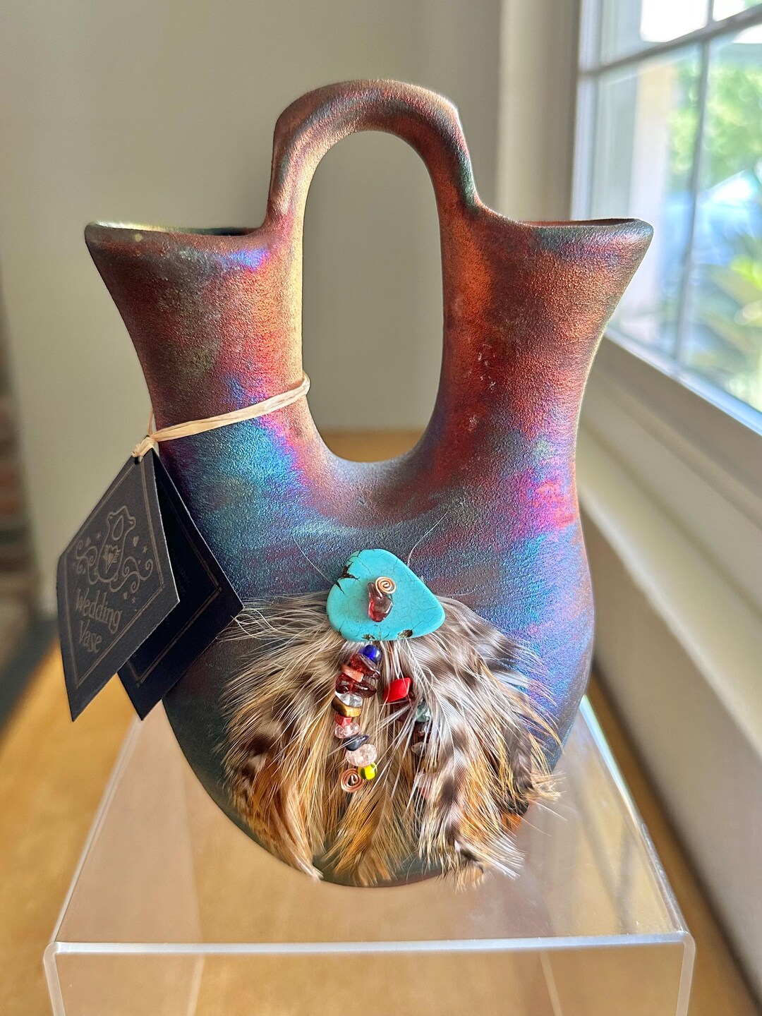 Raku Pottery Native American Wedding Vase Turquoise Heart and Feathers ...