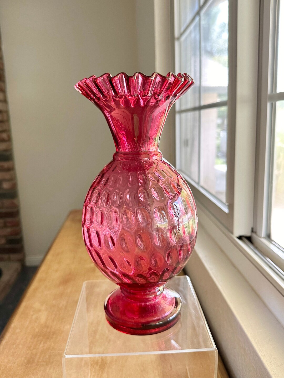 Fenton Tall Glass Vase in Cranberry Pink Optic Dot or Thumbprint ...