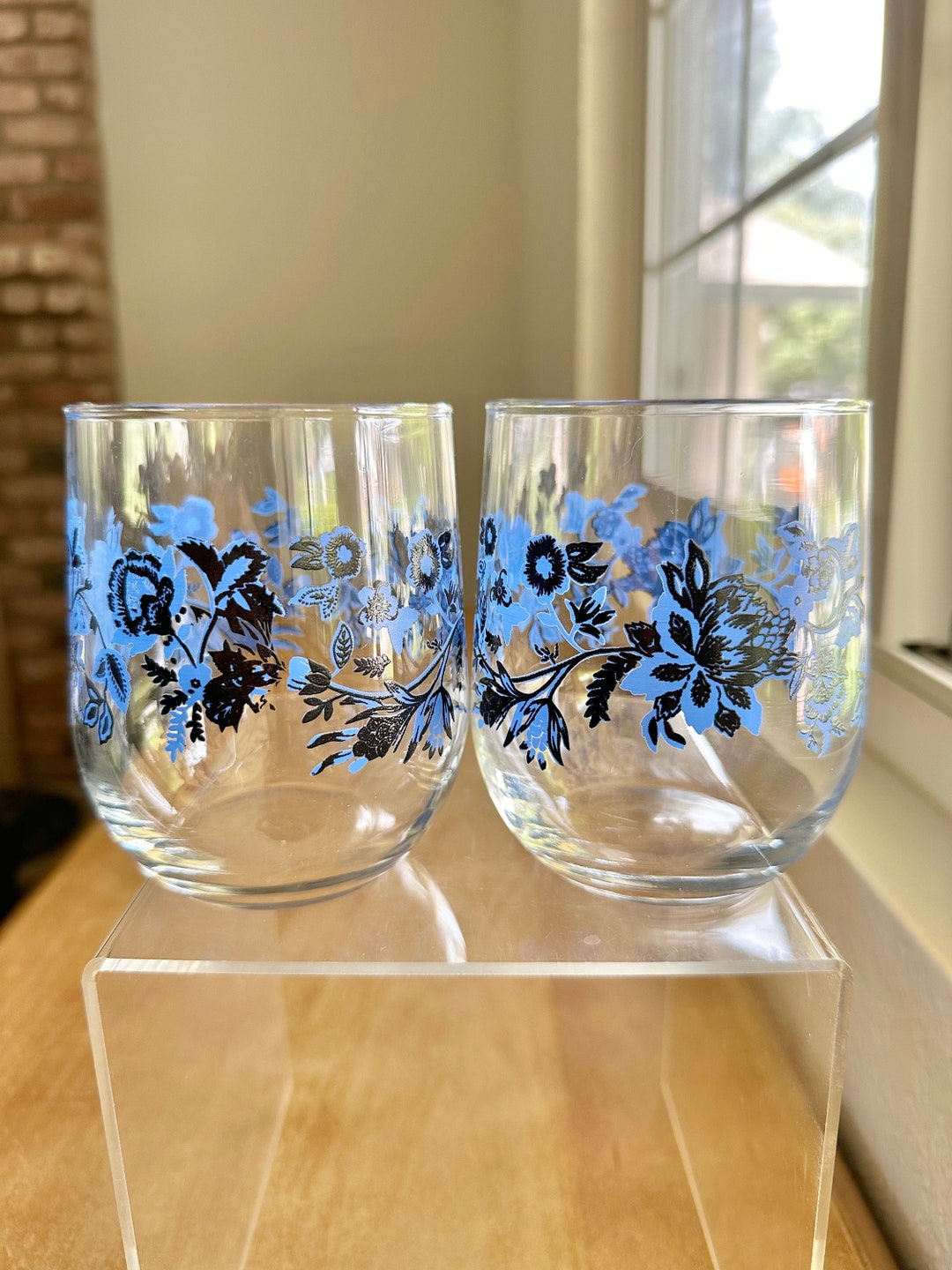 Stemless Wine Glasses Pair Clear and Blue Floral Cristar Mikonos by ...