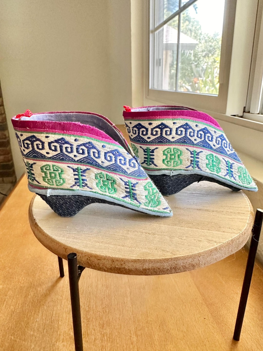 Vintage Chinese Silk Lotus Shoes White & Blue and Green Geometric ...